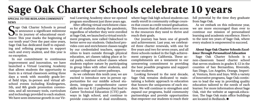 Sage Oak in the News: Sage Oak Charter Schools Celebrate 10 Years ...